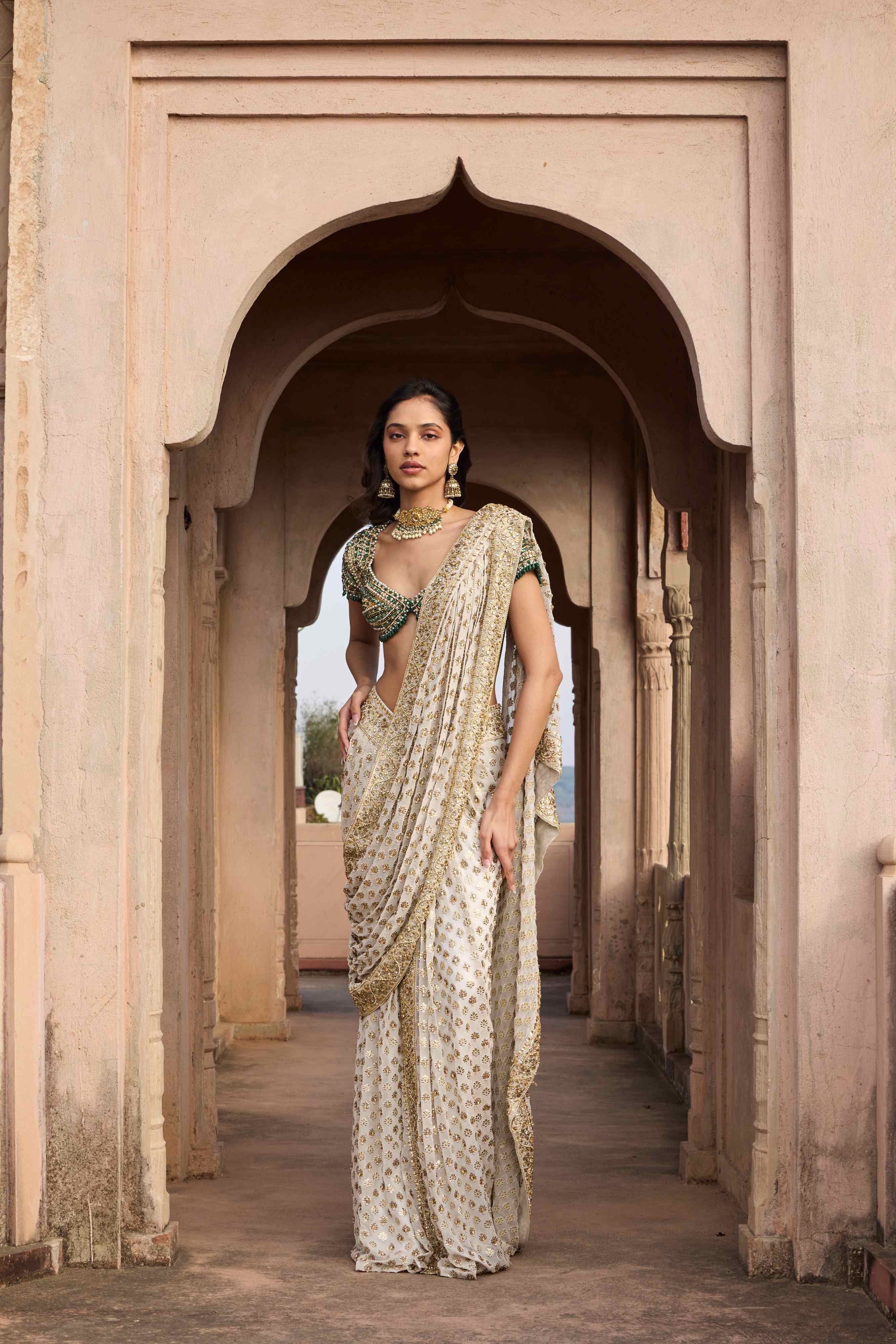 Ivory Banaras Butti Saree – Monisha Jaising