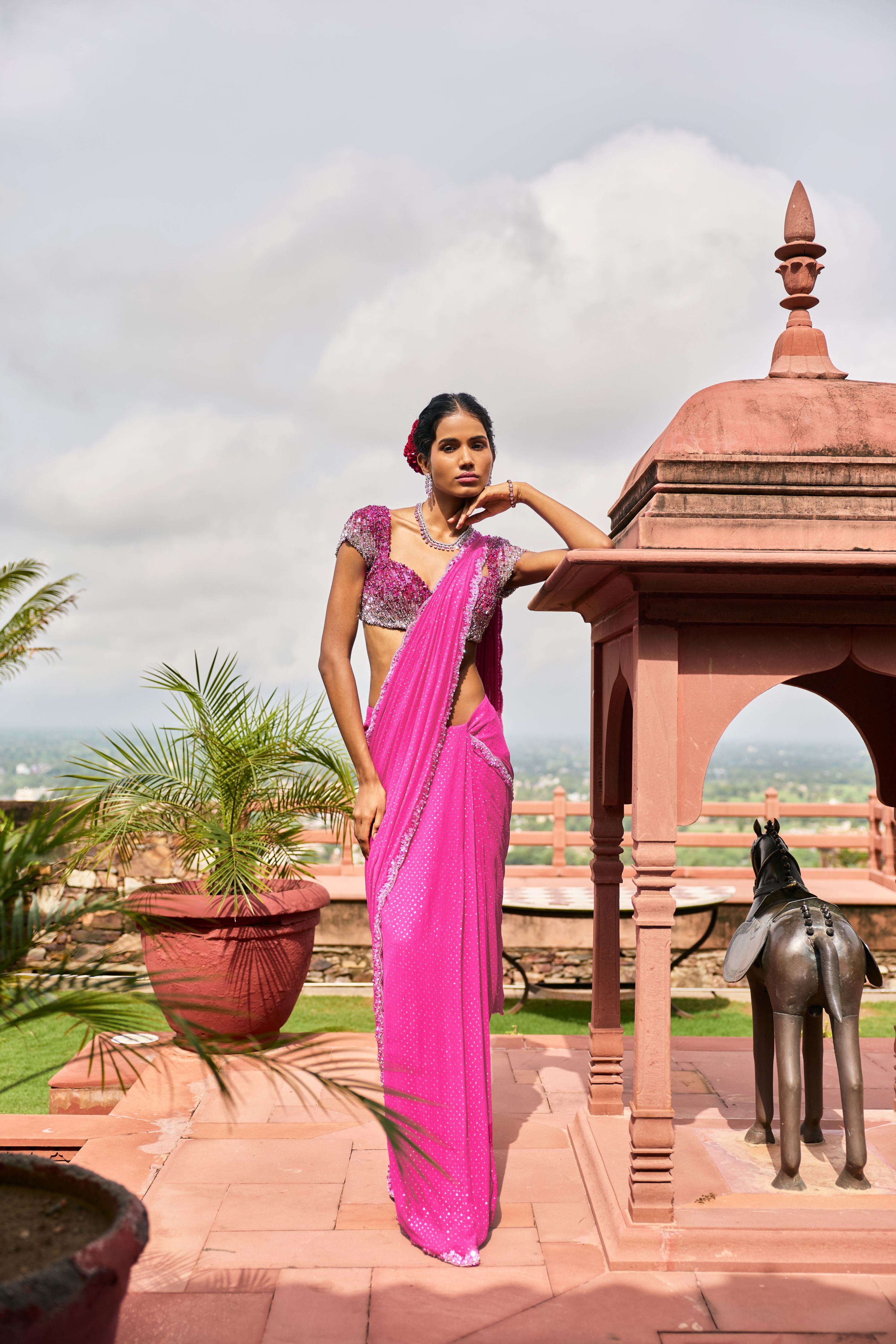 Fuchsia Shaded Dotted Mukaish Saree – Monisha Jaising