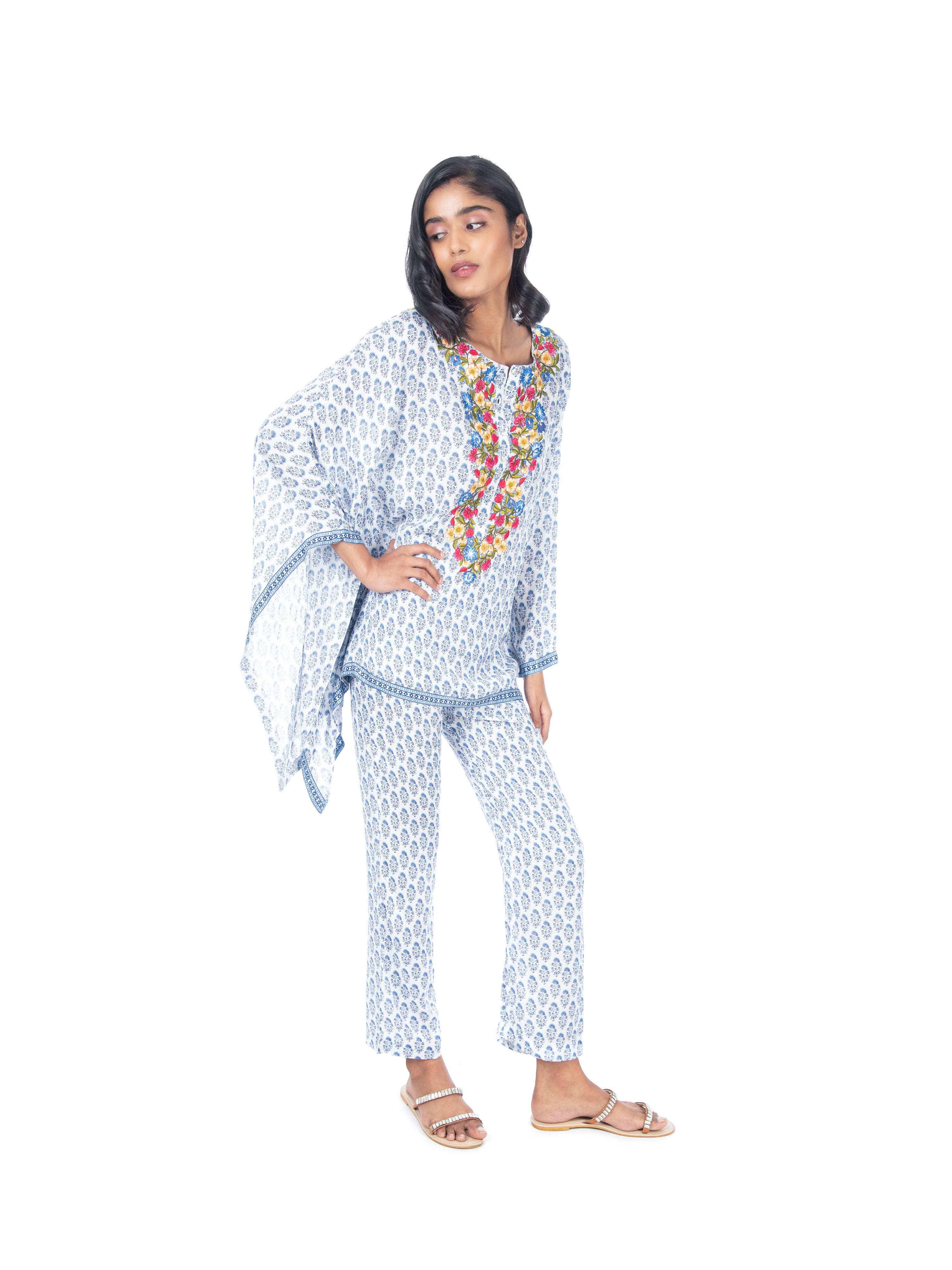 White & Blue Block Printed Kaftan Style Kurti & Pant Set – Monisha Jaising