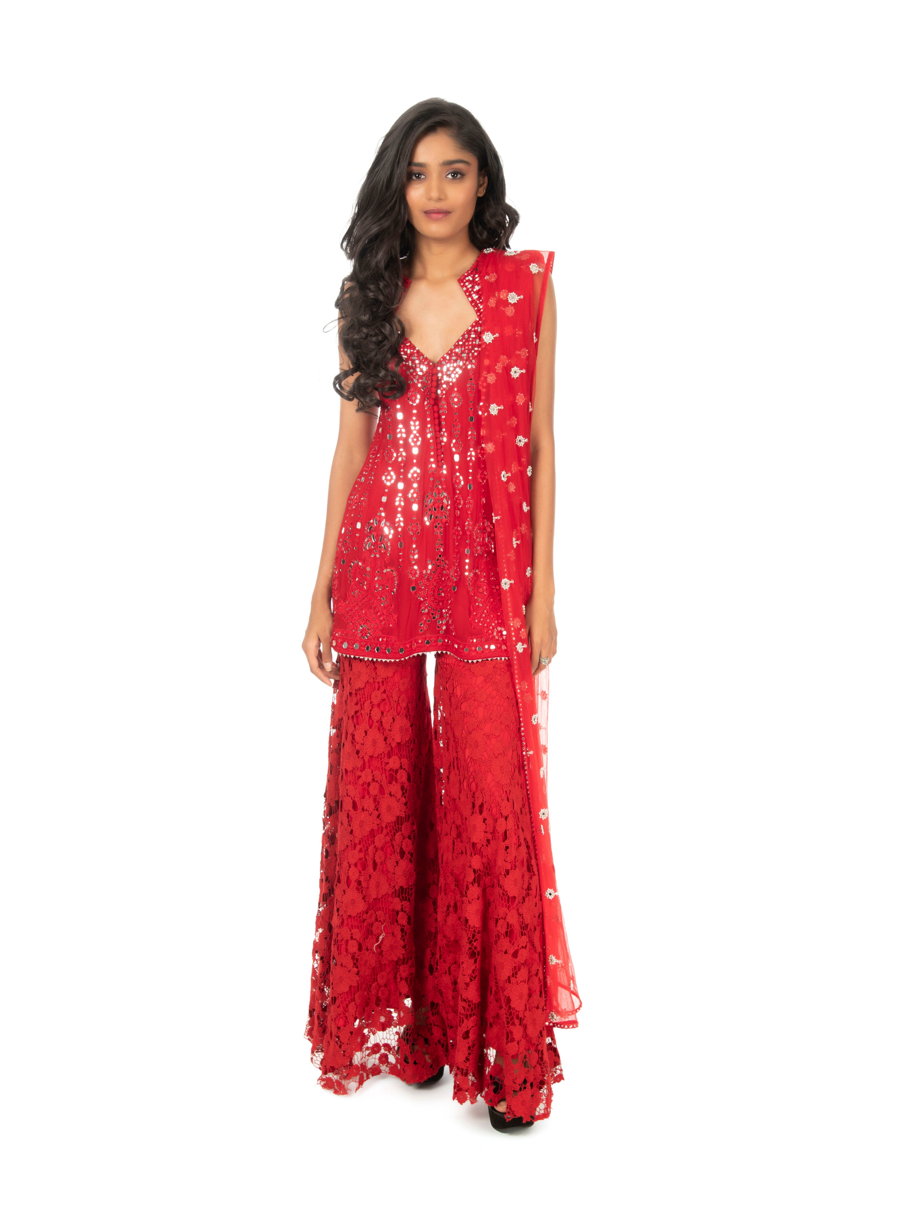 Red Mirrorwork Sharara Set – Monisha Jaising