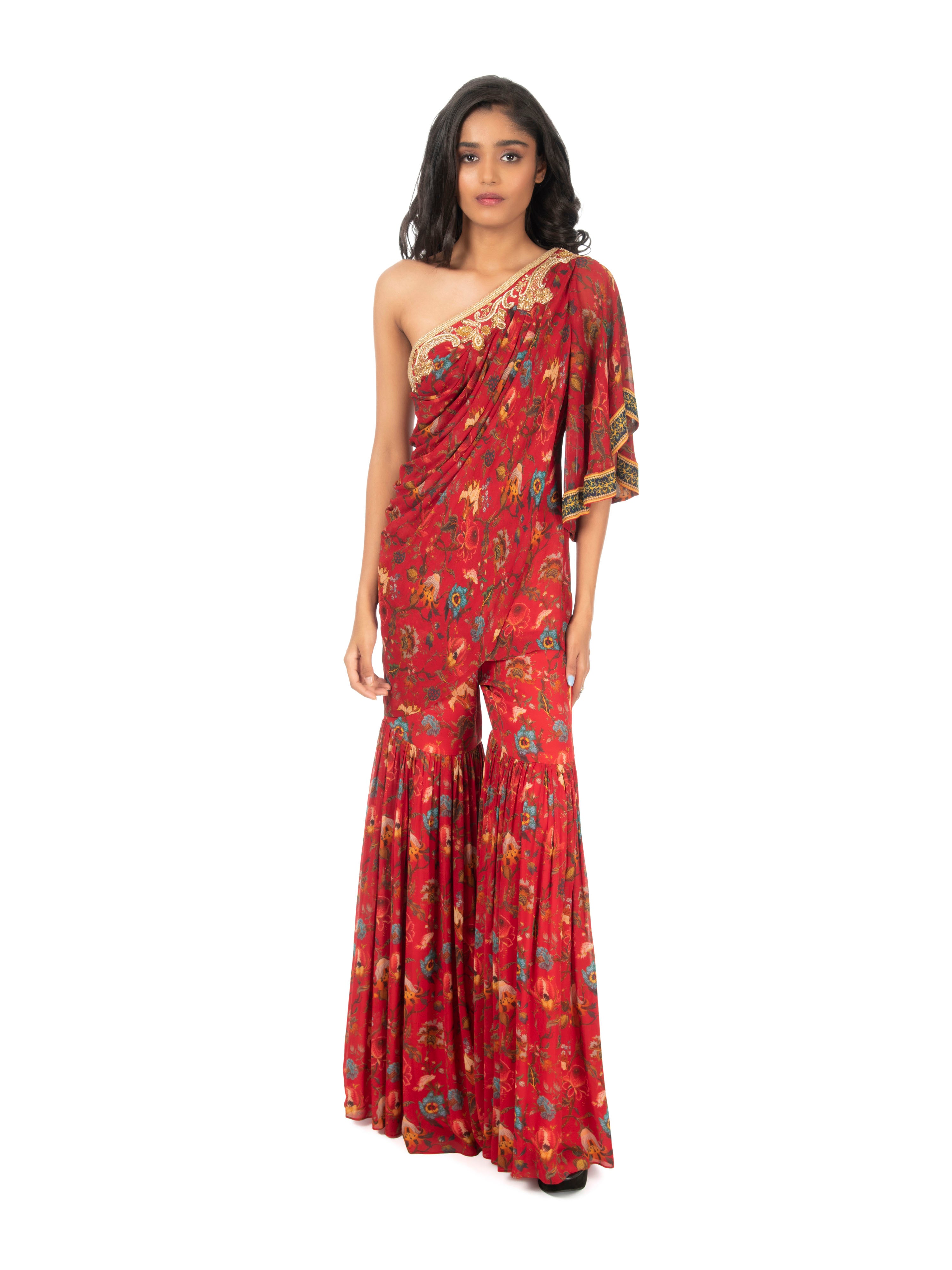 Red Printed Sharara Set – Monisha Jaising