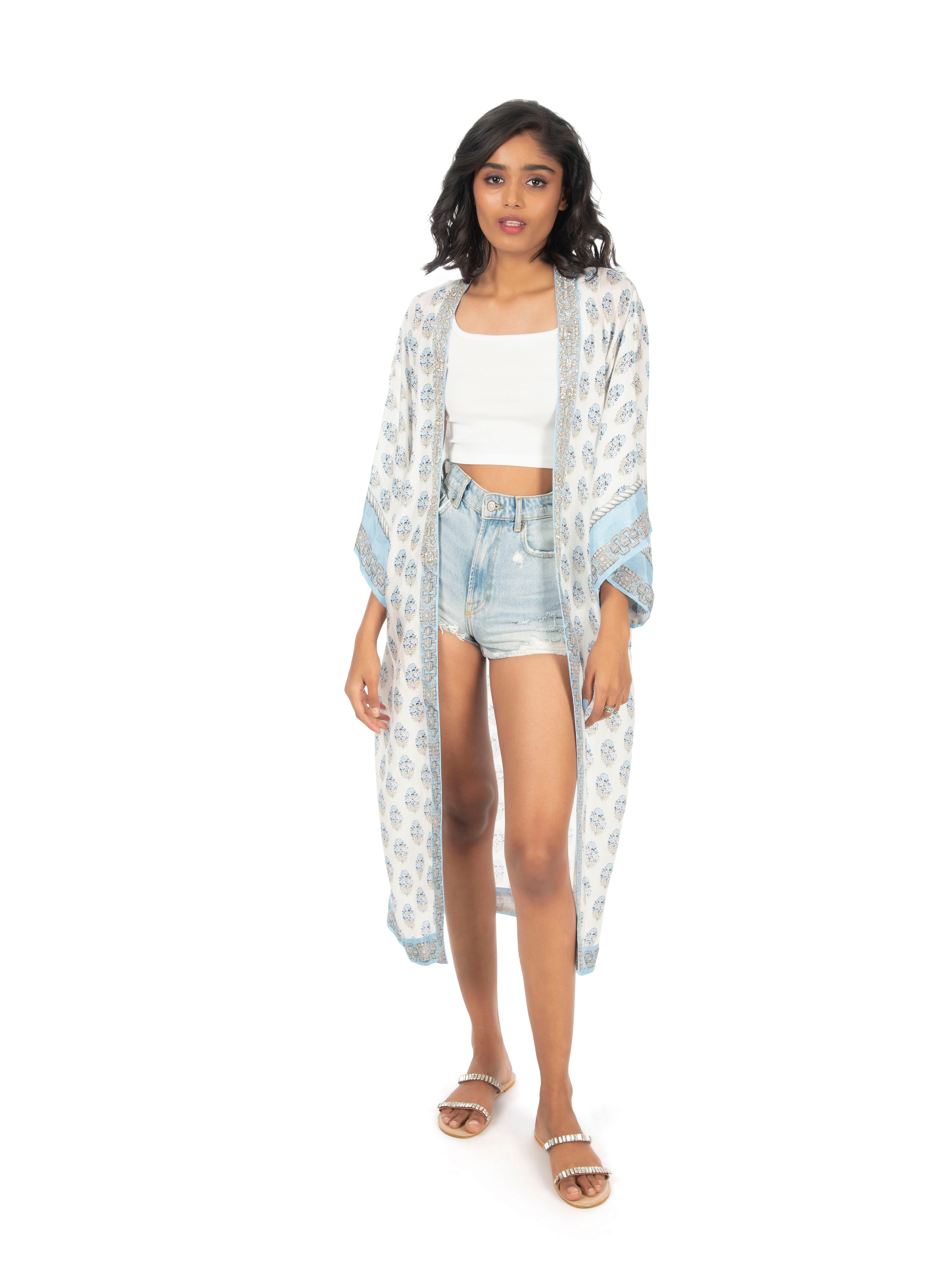 White & Blue Block Printed Robe – Monisha Jaising